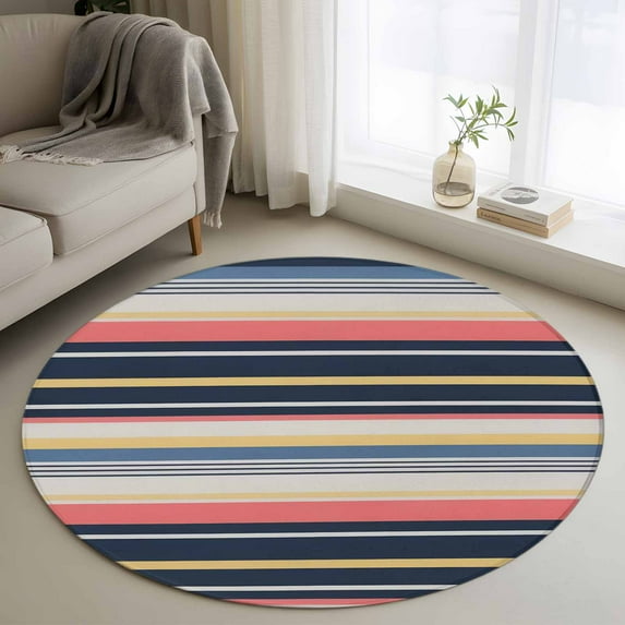 Blue Red Yellow Striped Round Rug 3ft Washable Circle Entryway Rugs Non ...