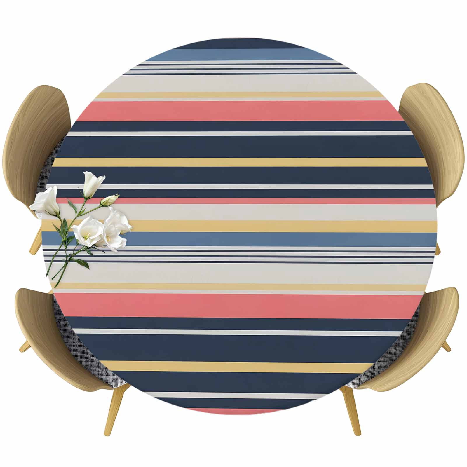 Blue Red Yellow Striped Round Tablecloth, Fitted Table Cover with ...