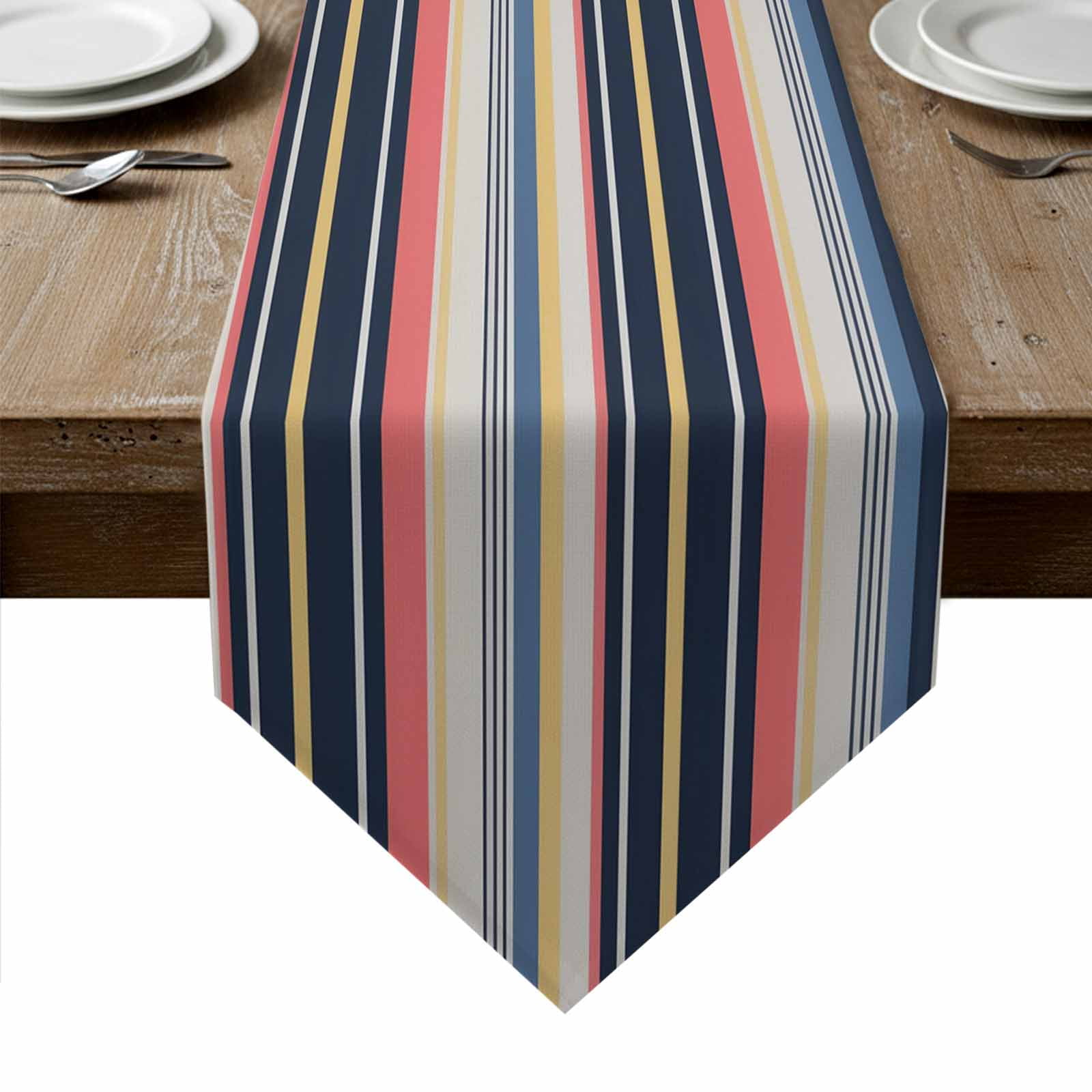 Blue Red Yellow Striped Table Runner Linen Burlap Table Runner 48 ...