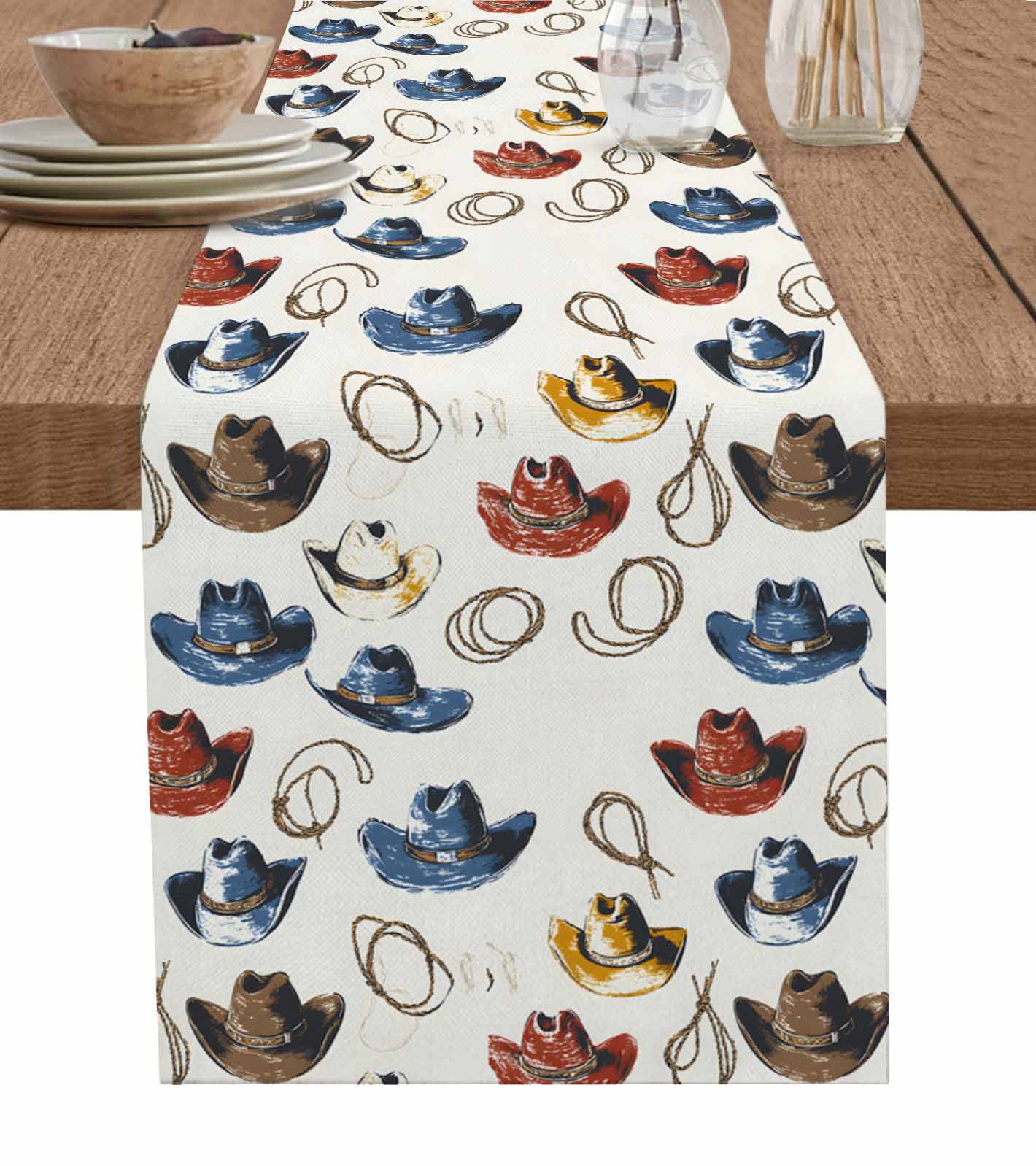 Blue Red Yellow Table Runner 72 Inches, Watercolor Western Cowboy Bed ...