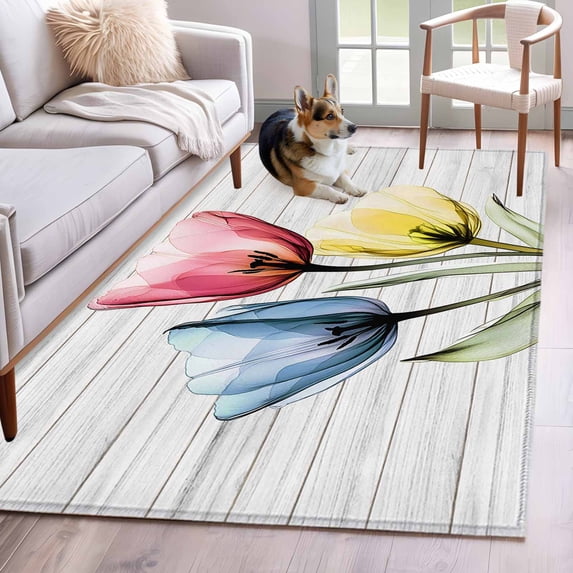 Blue Red Yellow Tulips Area Rugs 4x6 ft Country Flowers Wood Grain ...