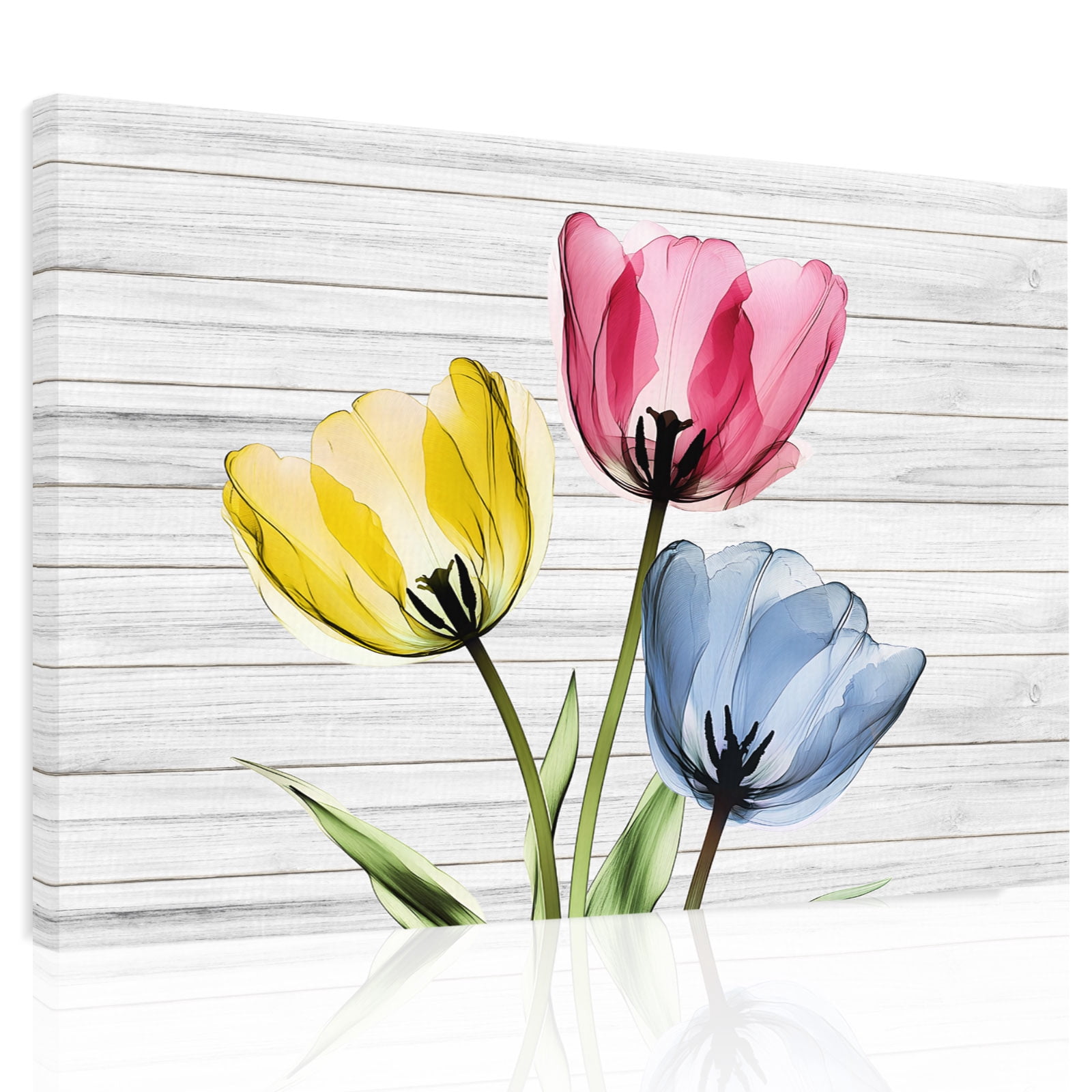 Blue Red Yellow Tulips Canvas Print Wall Art, Country Flowers Wood ...