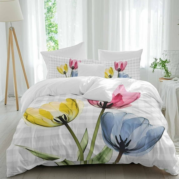 Blue Red Yellow Tulips Duvet Cover Set Full Size, Country Flowers 4 ...