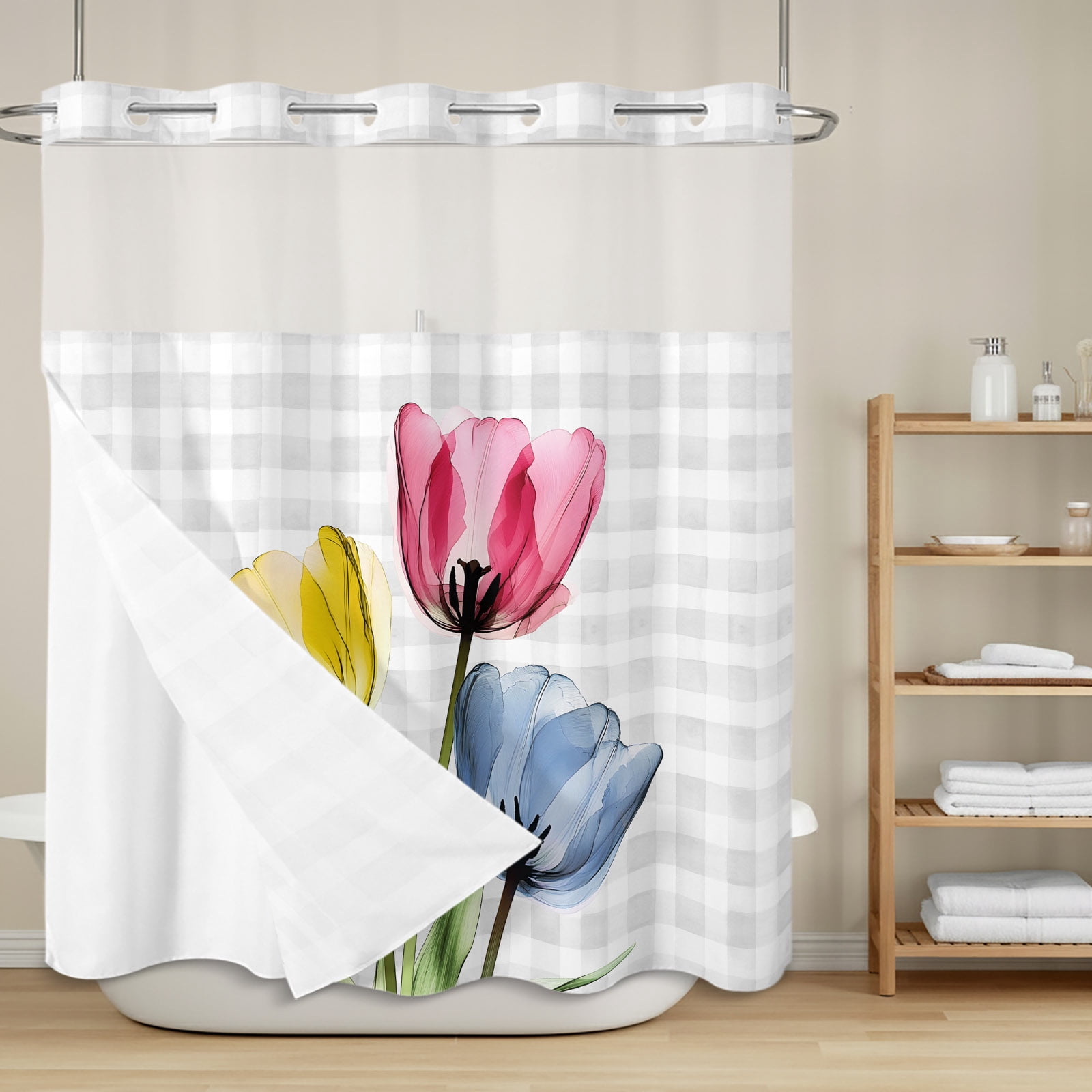 Blue Red Yellow Tulips No Hook Shower Curtain with Snap in Liner ...