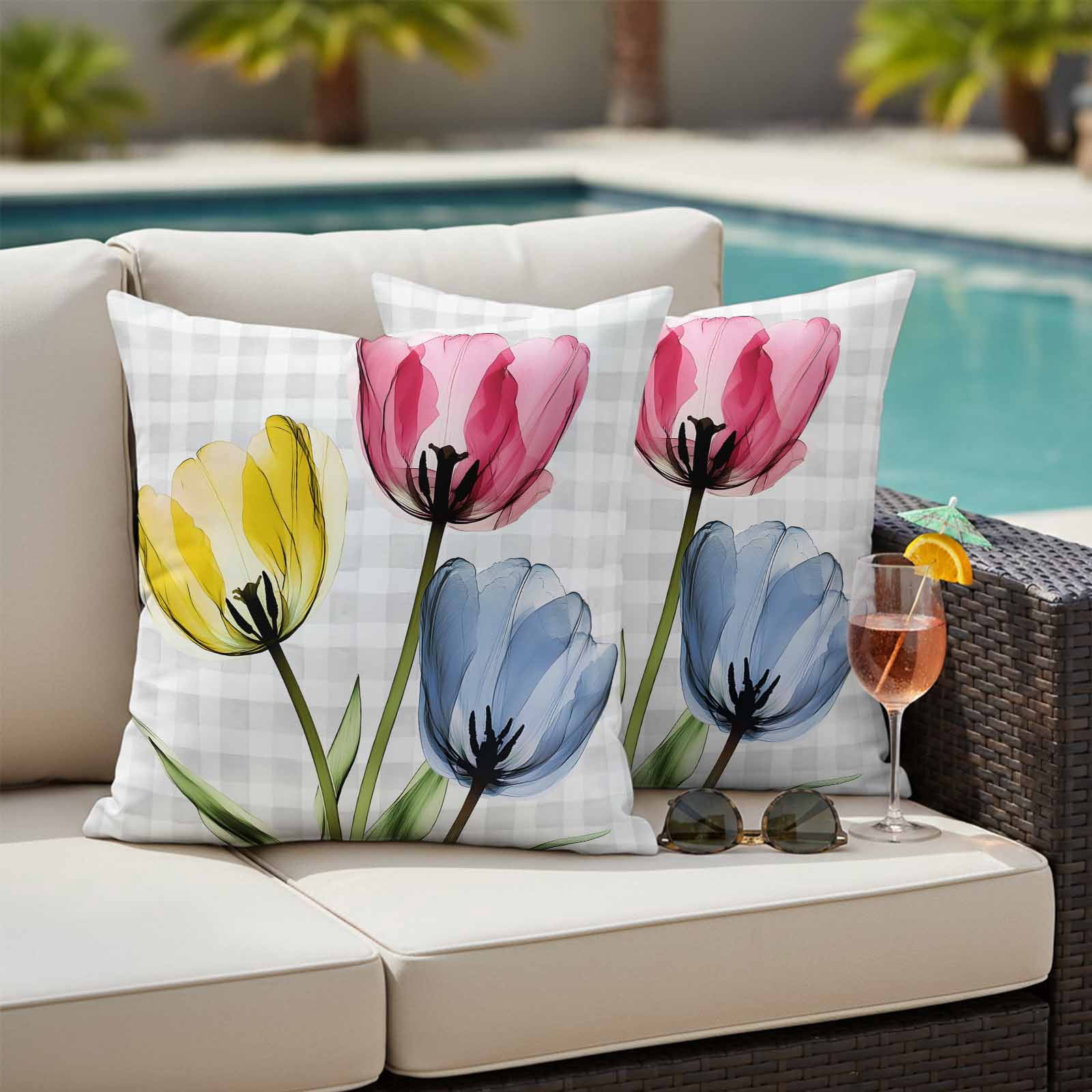 Blue Red Yellow Tulips Outdoor Throw Pillow Covers Set of 2, Country ...