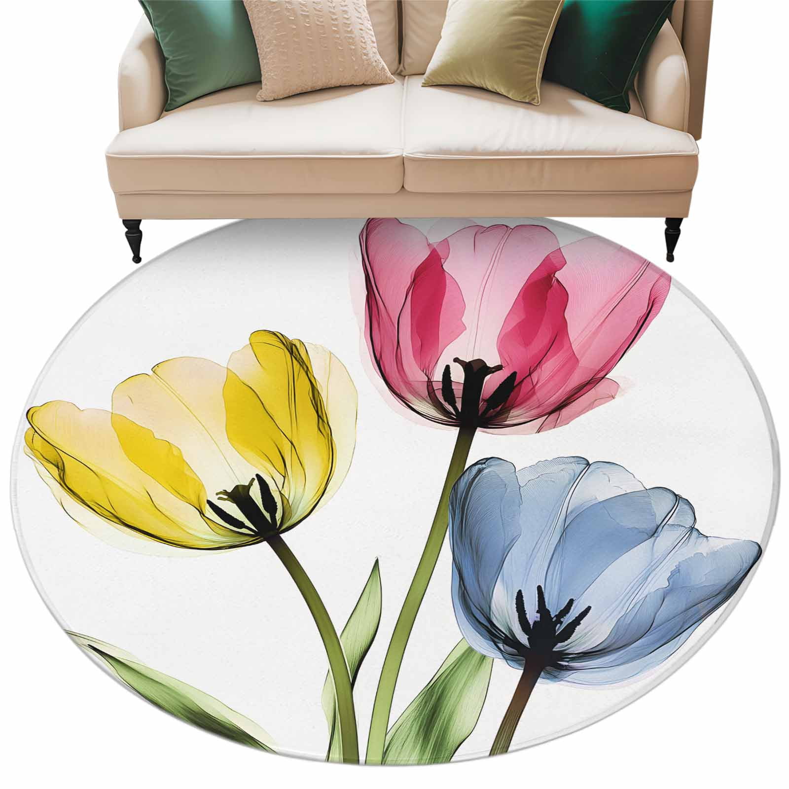 Blue Red Yellow Tulips Round Area Rug 6ft Transparent Flowers Non-Slip ...