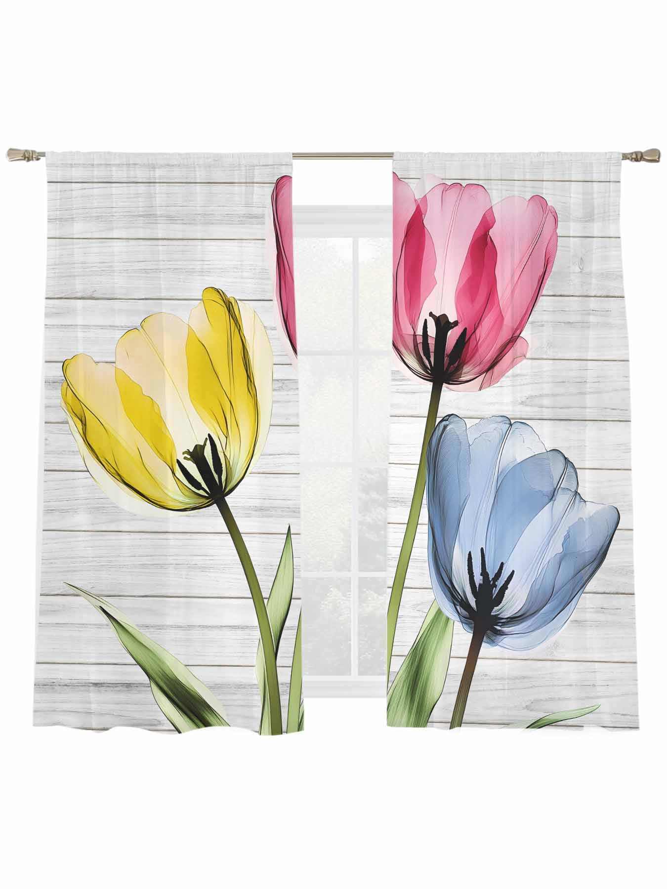 Blue Red Yellow Tulips Sheer Curtains 2 Panels Set Country Flowers ...