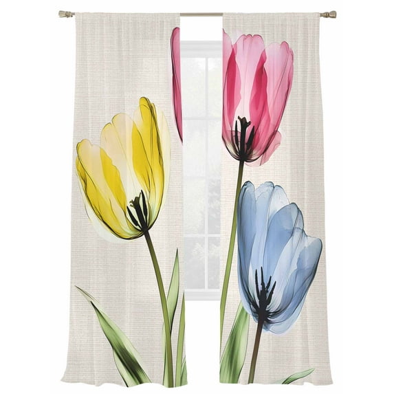 Blue Red Yellow Tulips Sheer Curtains 2 Panels Set Country Flowers ...