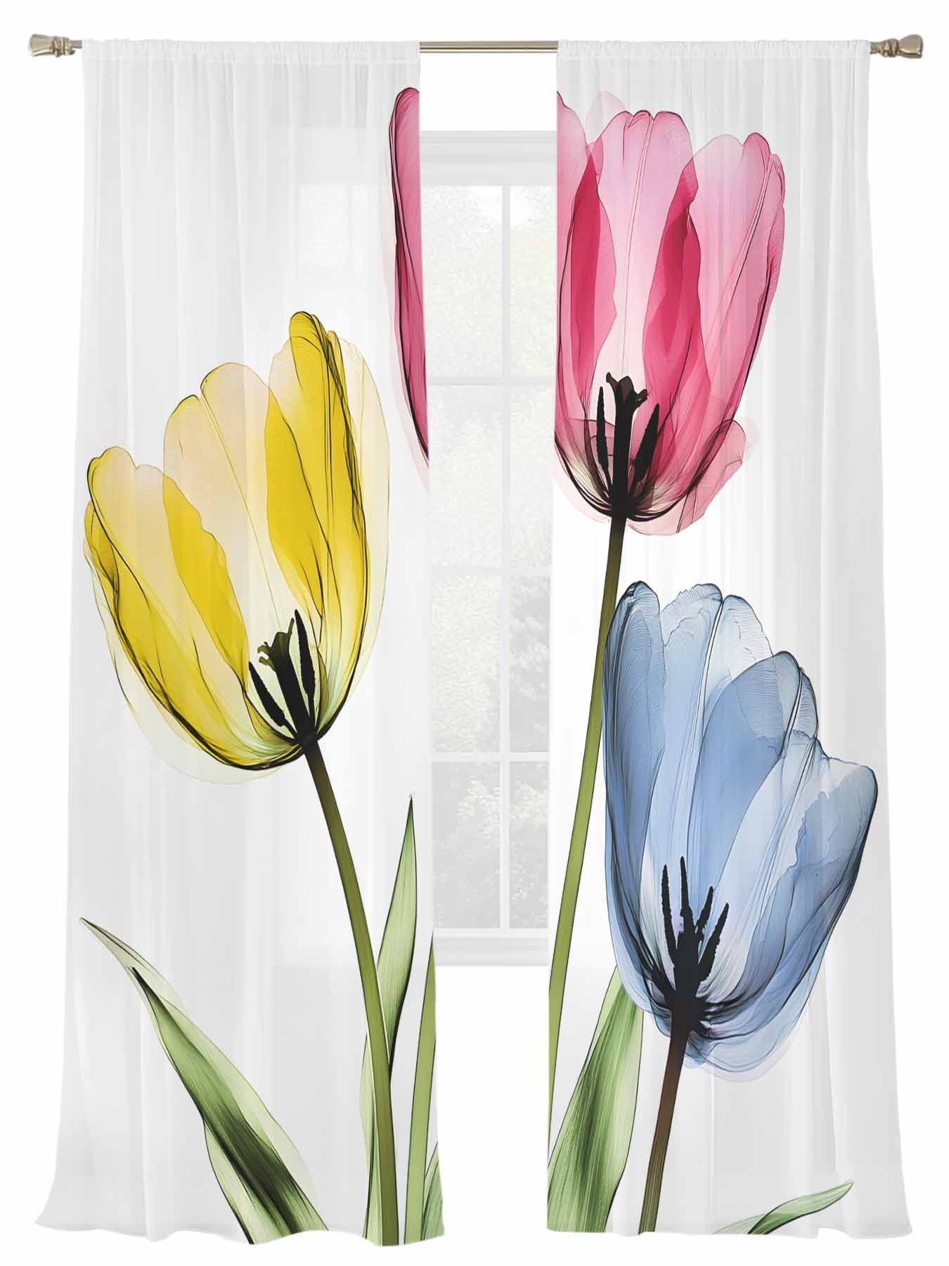Blue Red Yellow Tulips Sheer Curtains 2 Panels Set Transparent Flowers ...