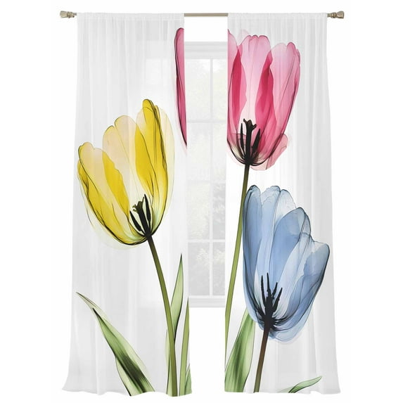 Blue Red Yellow Tulips Sheer Curtains 2 Panels Set Transparent Flowers ...