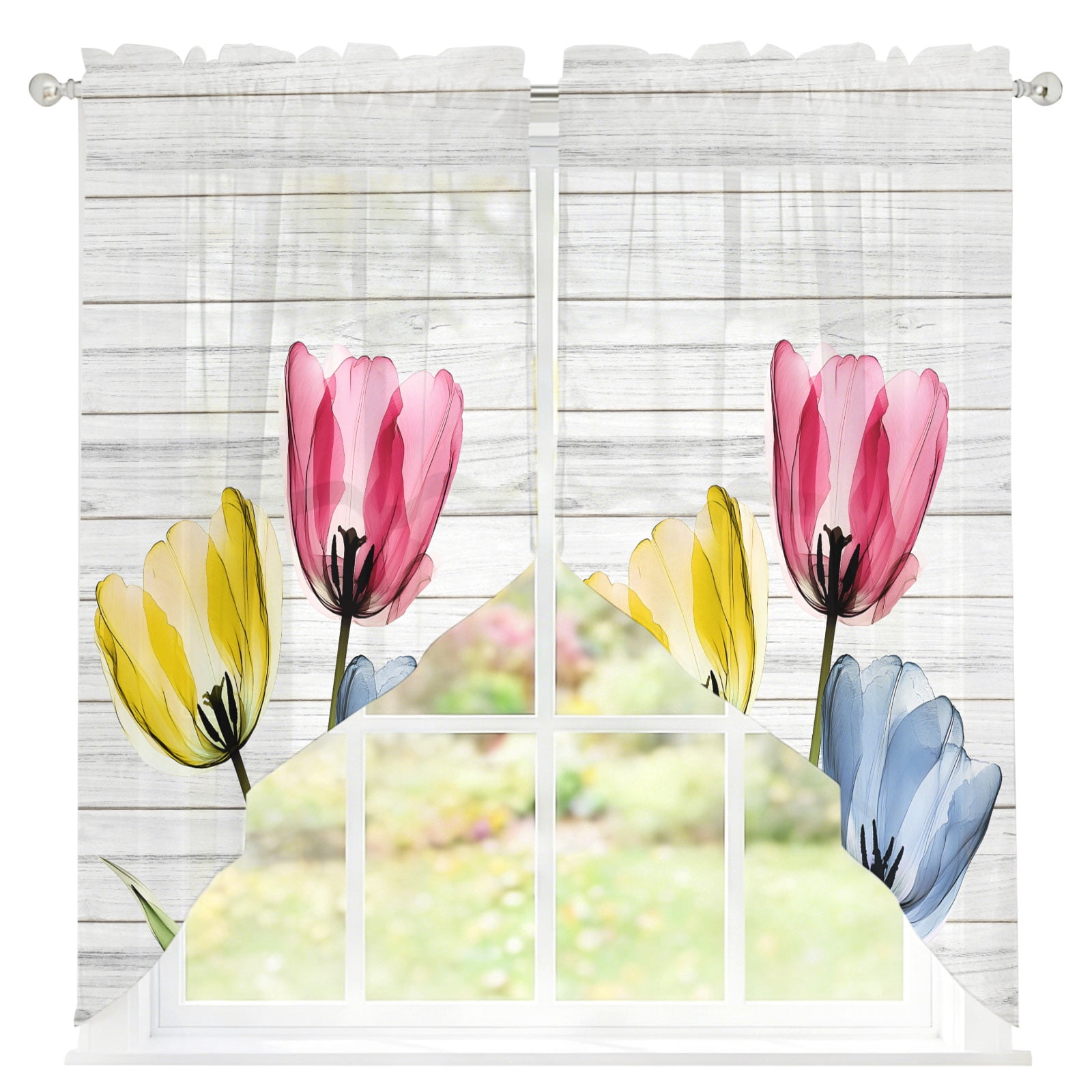 Blue Red Yellow Tulips Sheer Curtains Swag Valances for Windows Country ...