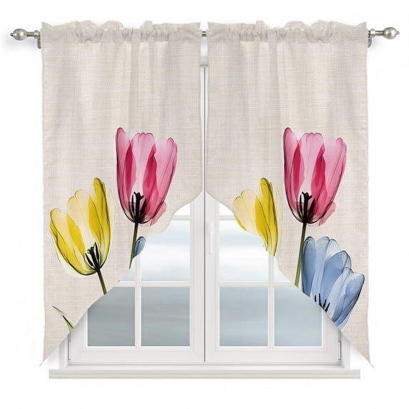 Blue Red Yellow Tulips Swag Curtain Valance for Window 2 Panels Country ...