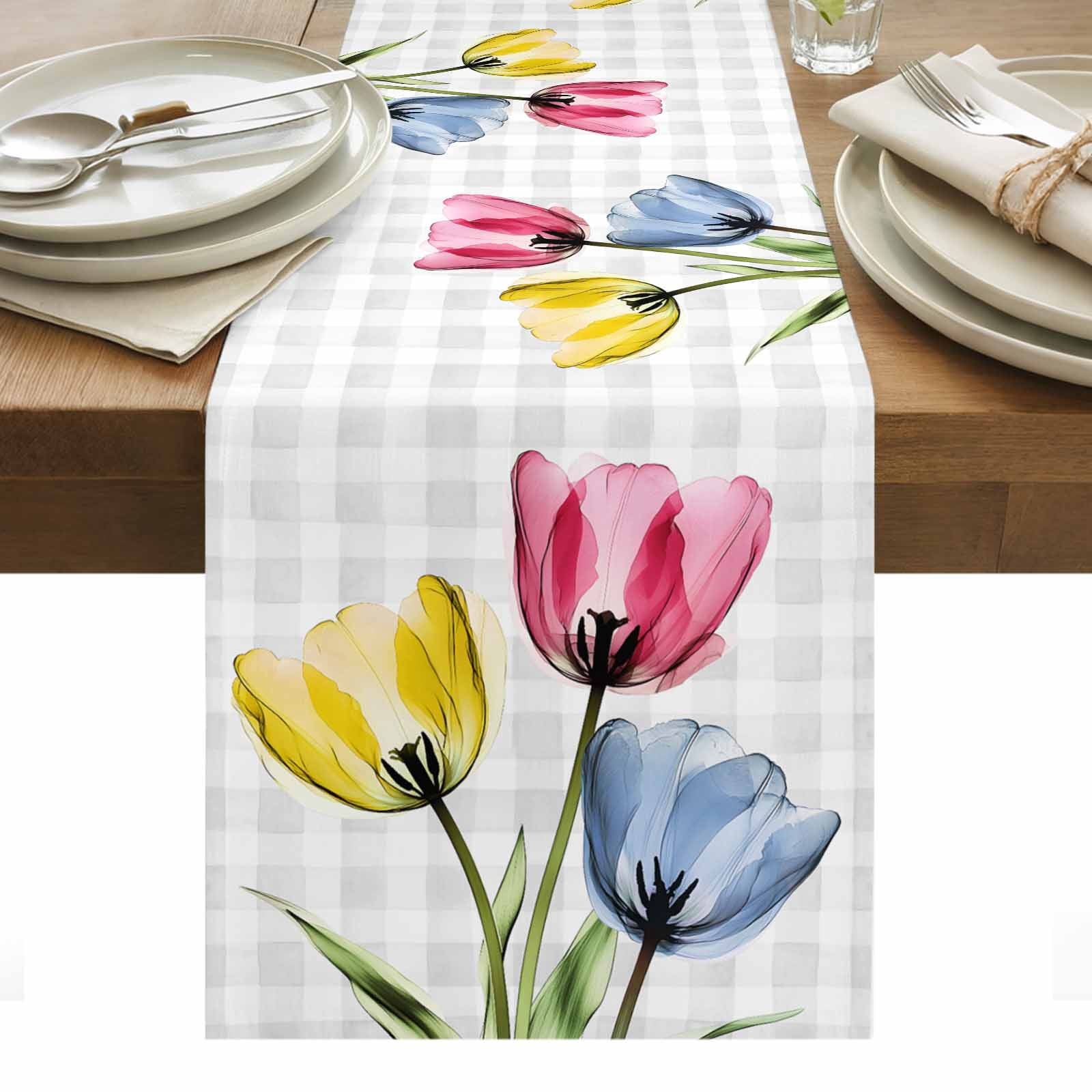 Blue Red Yellow Tulips Table Runner, Country Flowers Cotton Linen Table ...
