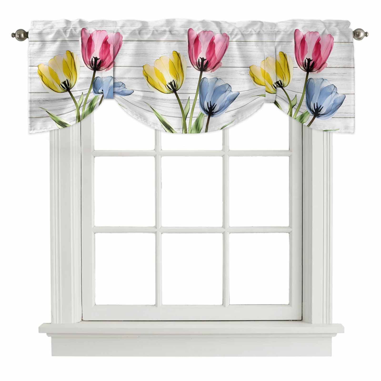 Blue Red Yellow Tulips Tie Up Valances Curtain, Country Flowers ...