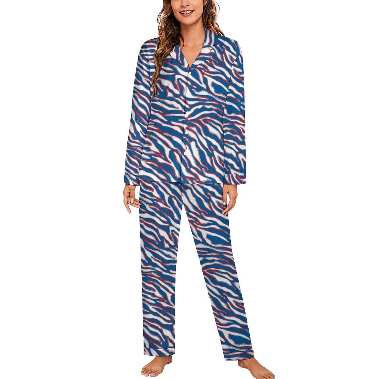 Blue Red Zebra Stripes Pajamas Night V Neck Nightwear Lady Two Piece ...