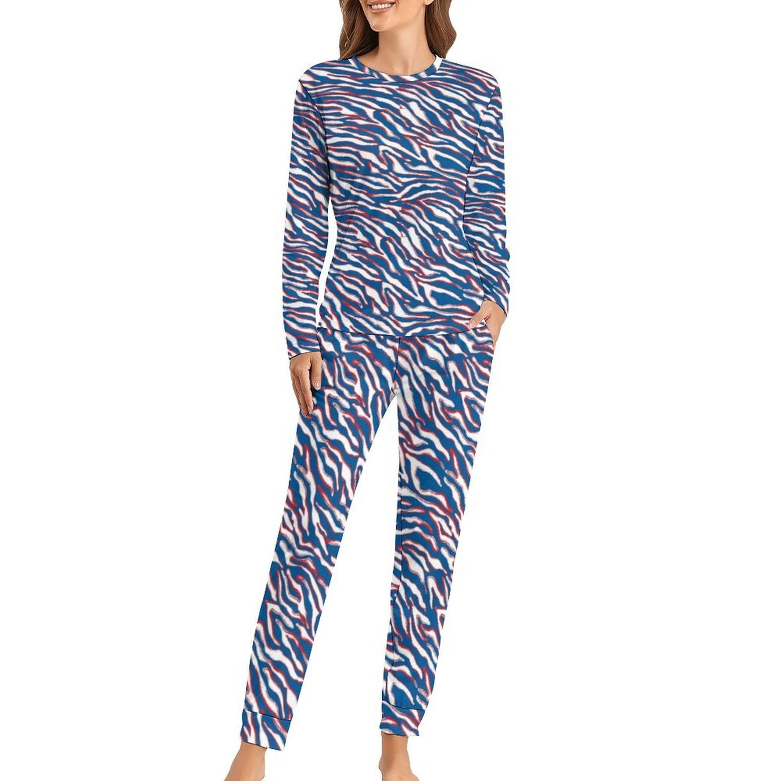 Blue Red Zebra Stripes Pajamas Woman Two Piece Design Long Sleeves ...