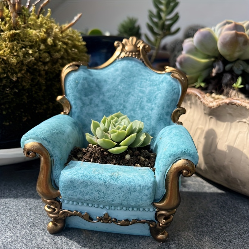 Blue Resin Sofa Planter with Gold Accents - Elegant Indoor/Outdoor Pot ...