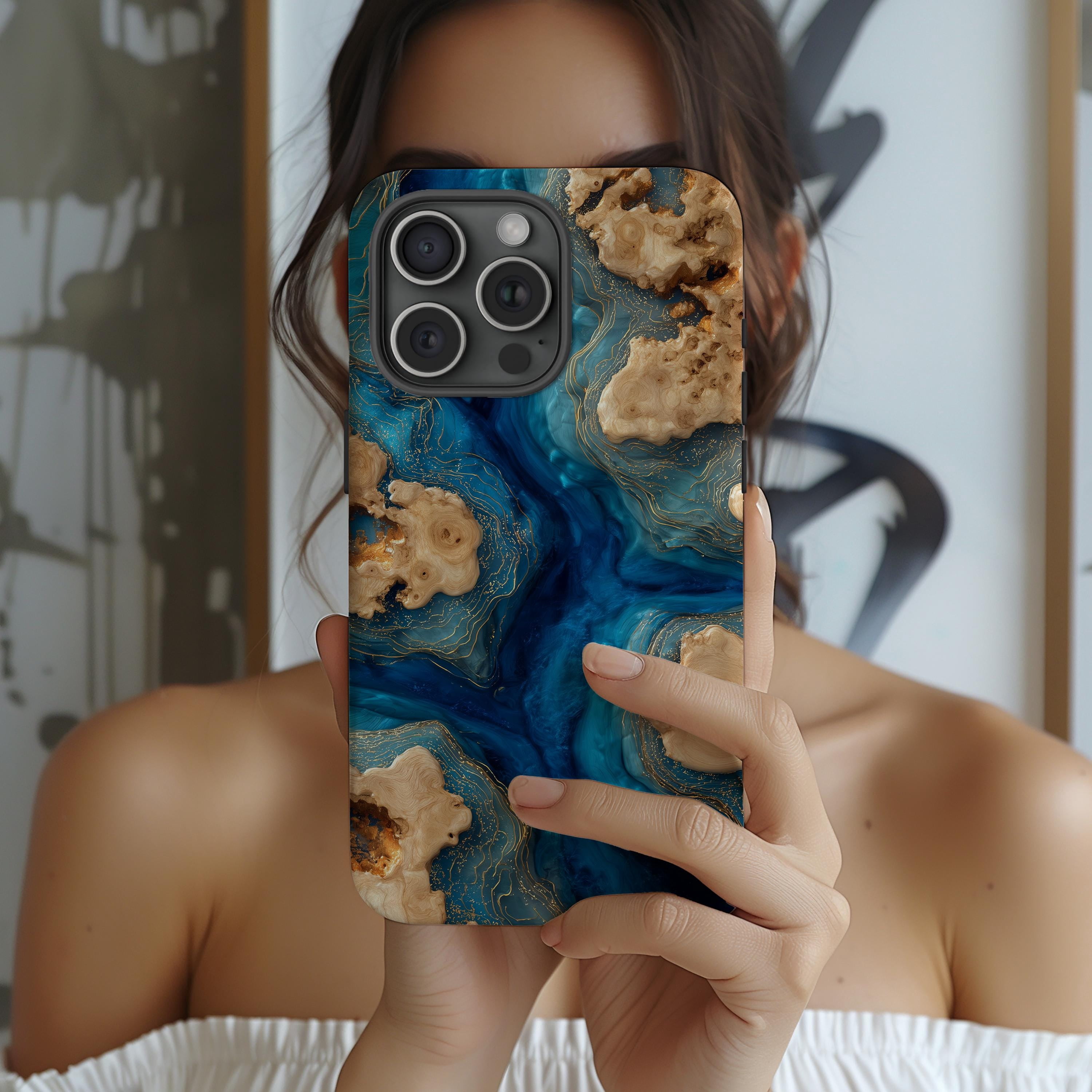 Blue Resin Wood Effect Phone Case For iPhone Samsung Pixel Hard Plastic ...