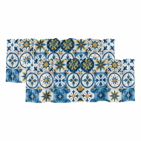 Blue Retro Boho 2 Panels Kitchen Valance, Geometric Floral Traditional ...