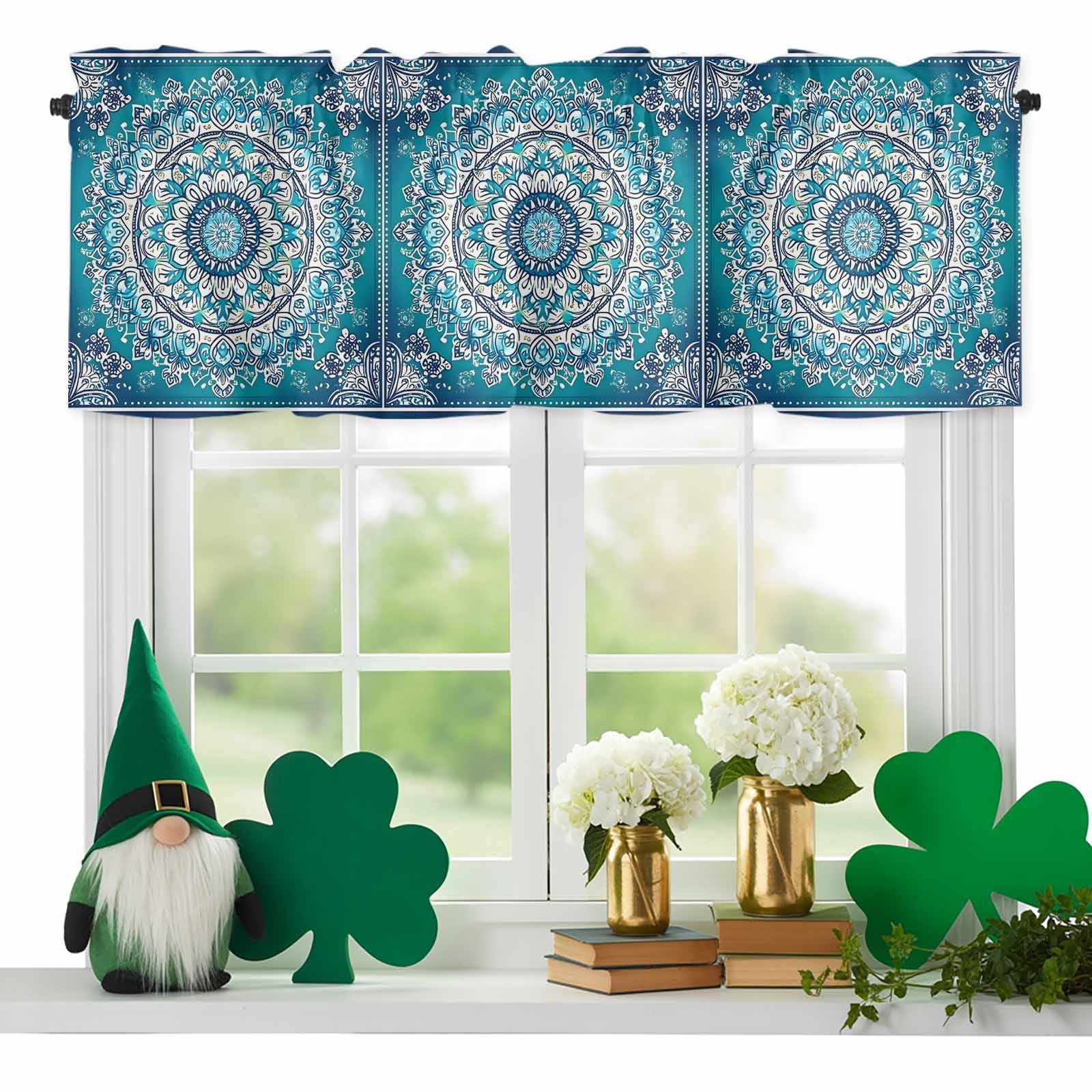 Blue Retro Boho Ethnic Valances for Windows, Abstract Tribal Flower Rod ...