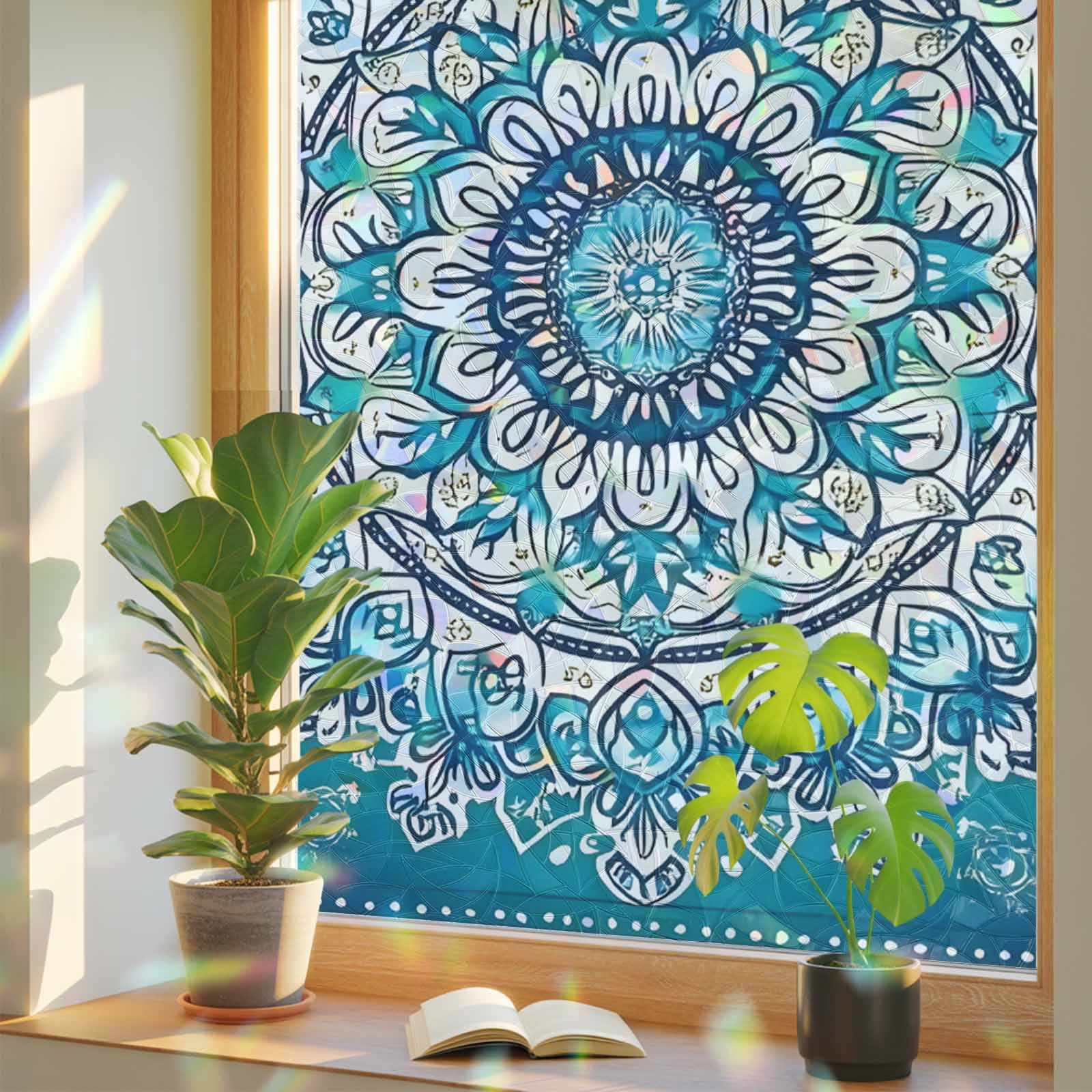 Blue Retro Boho Ethnic Window Privacy Film, Abstract Tribal Flower ...