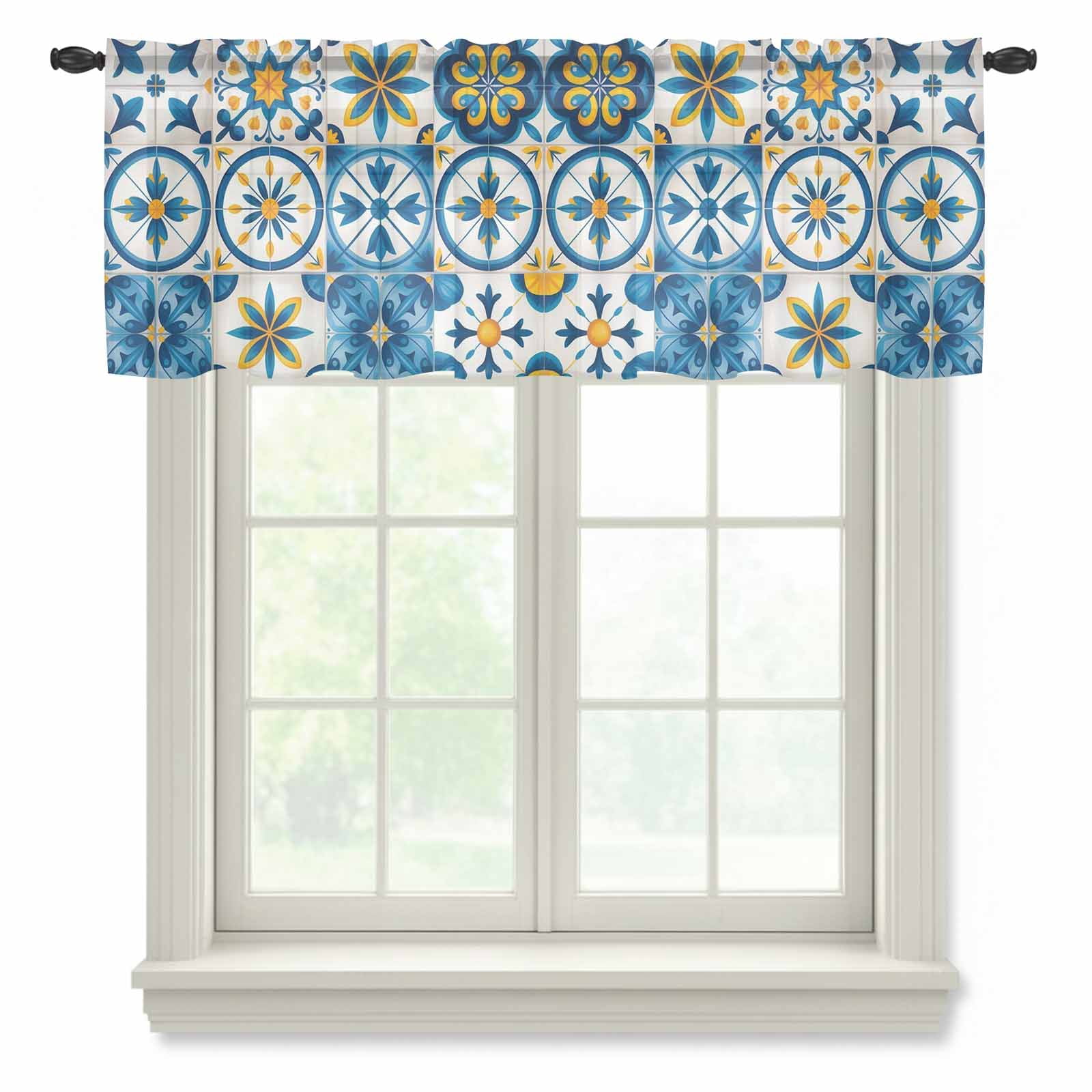 Blue Retro Boho Sheer Valances for Windows, Geometric Floral ...