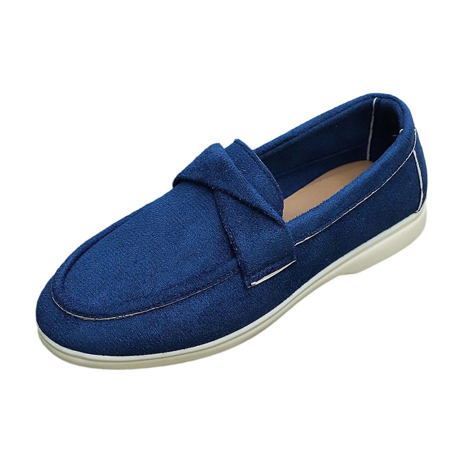 Blue Retro Casual Loafers, Ladies' Solid Color Flat Shoes With Round ...
