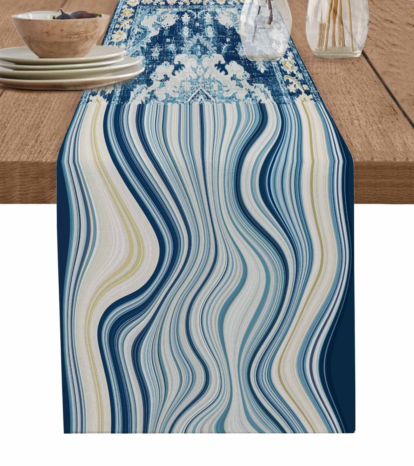 Blue Retro Curved Stripes Bohemia Grain Table Runner ration Home r ...