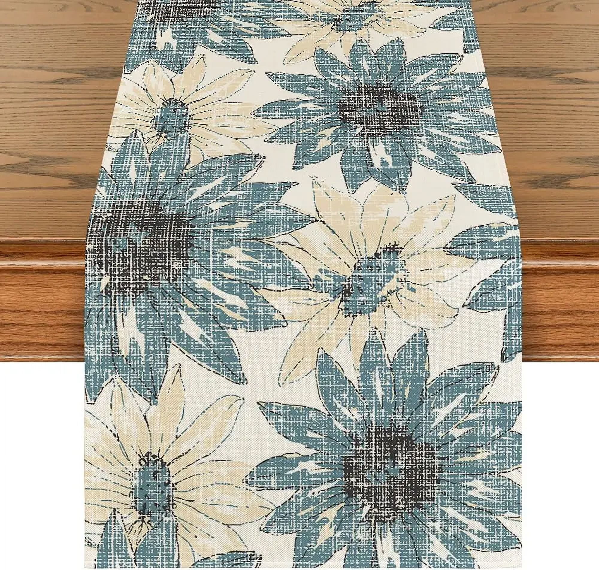 Blue Retro Daisy Spring Linen Table Runners Dresser Scarf r Washable ...