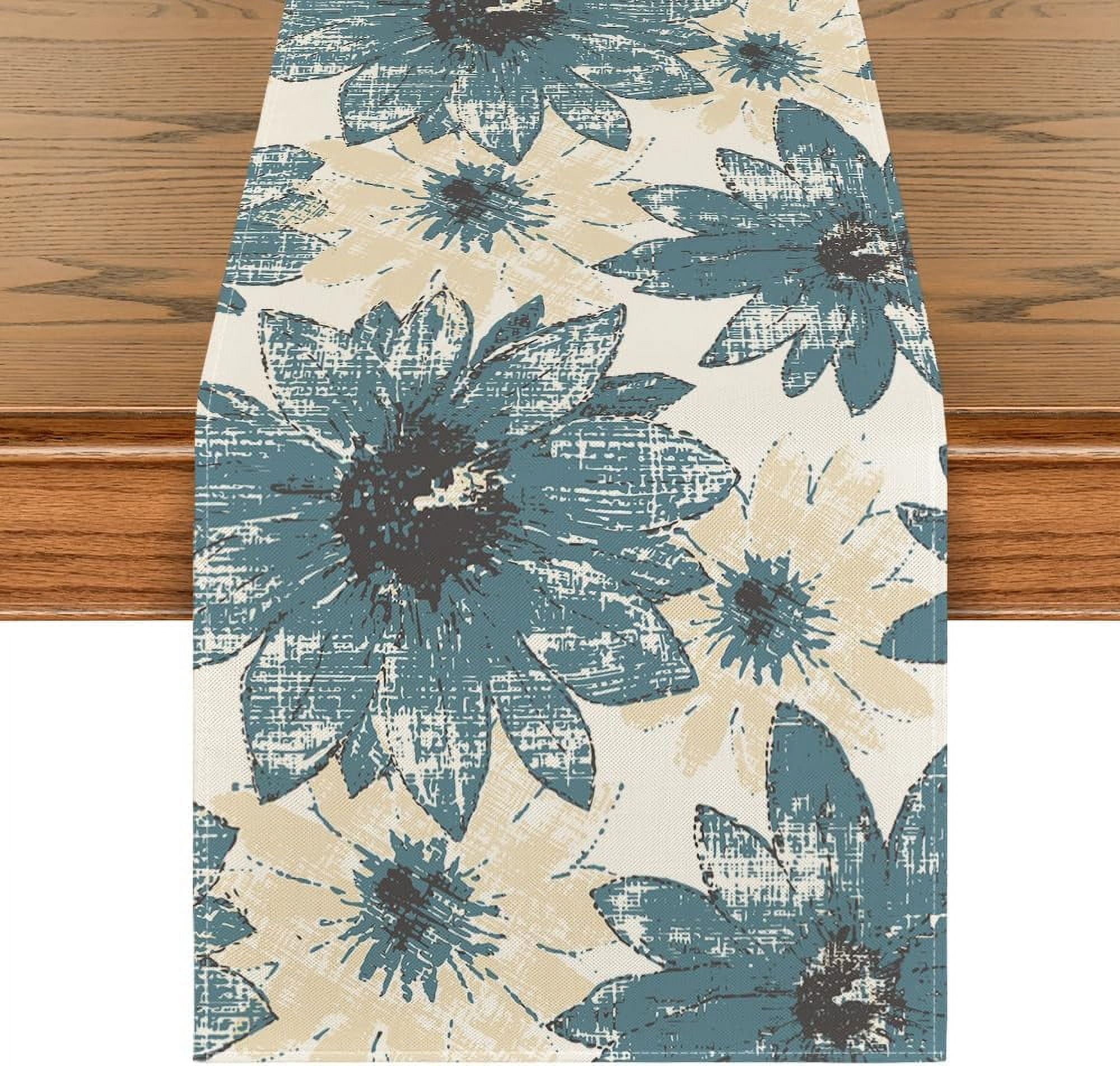 Blue Retro Daisy Spring Table Runner, Seasonal Summer Vintage Kitchen ...