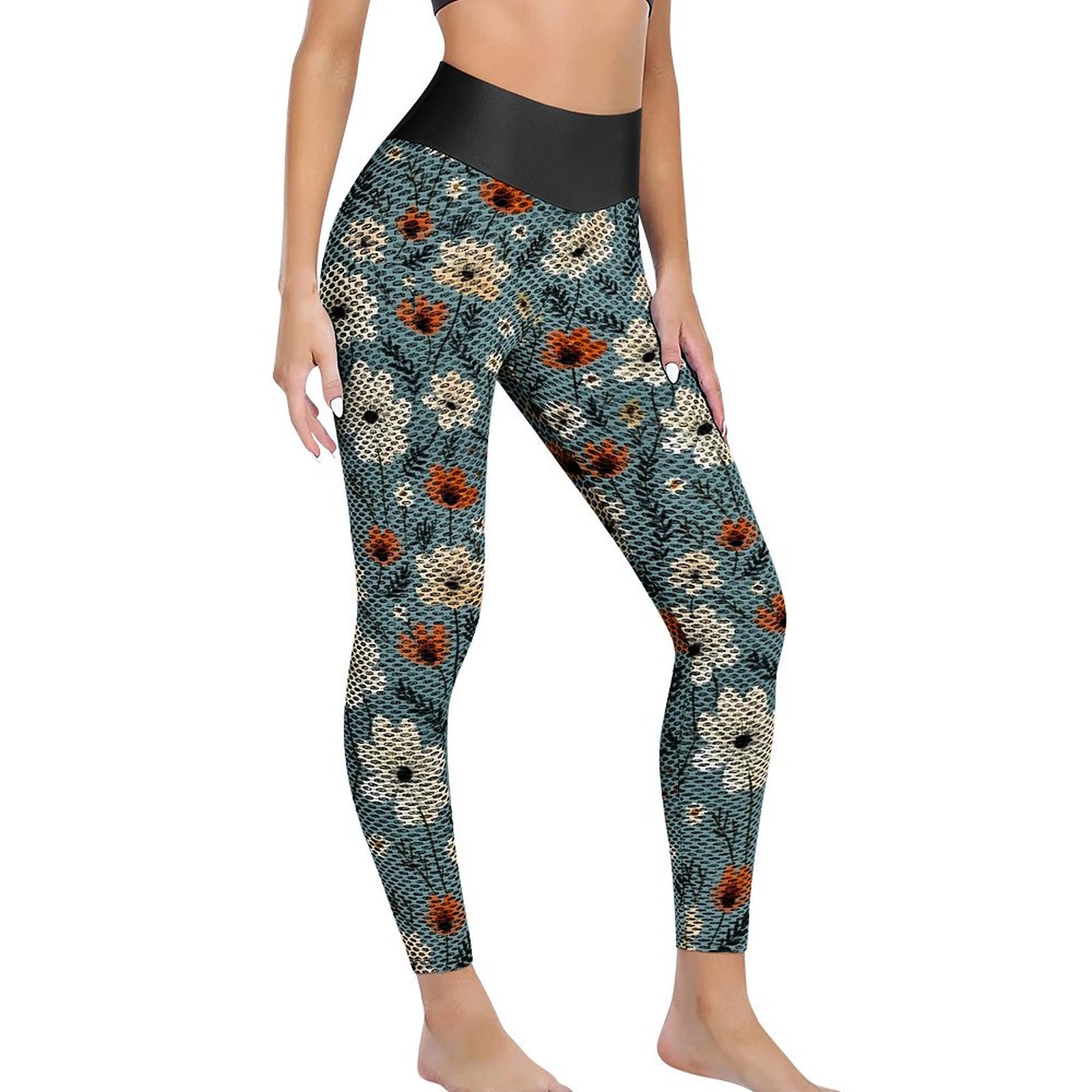 Blue Retro Flower Yoga Pants Peace Love Floral Leggings High Waist ...
