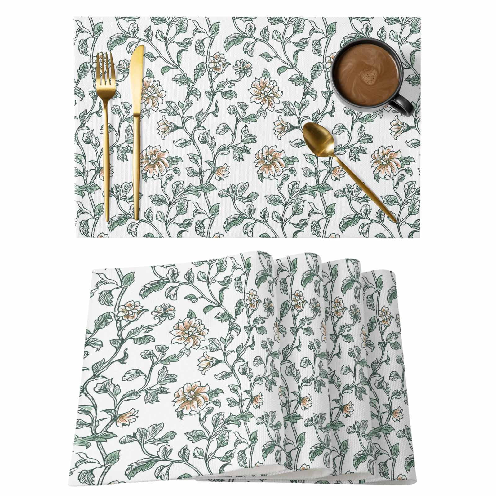 Blue Retro Flowers Cotton Linen Placemats Set of 1, Vintage Floral ...