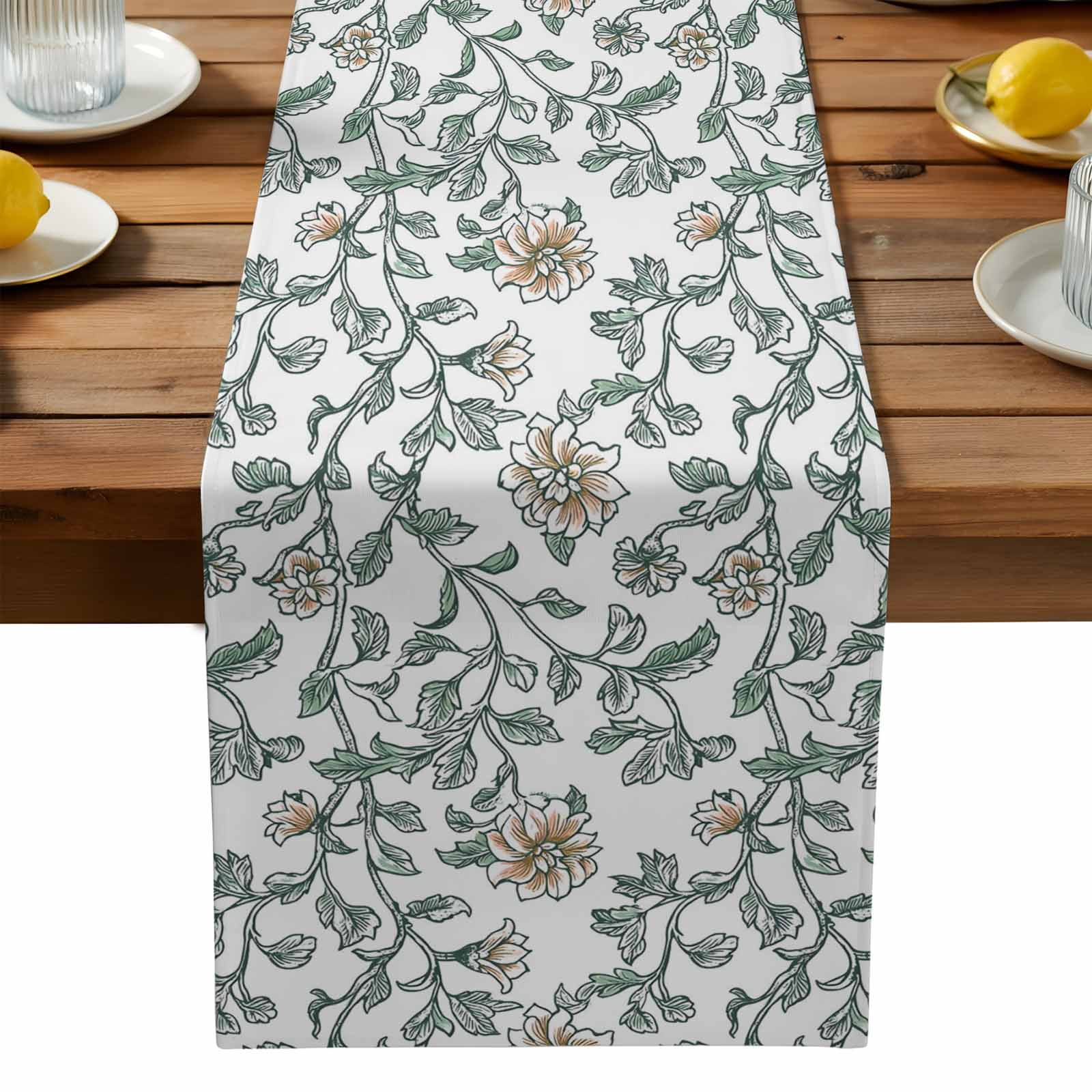 Blue Retro Flowers Table Runner, Vintage Floral Branch Kitchen Table ...