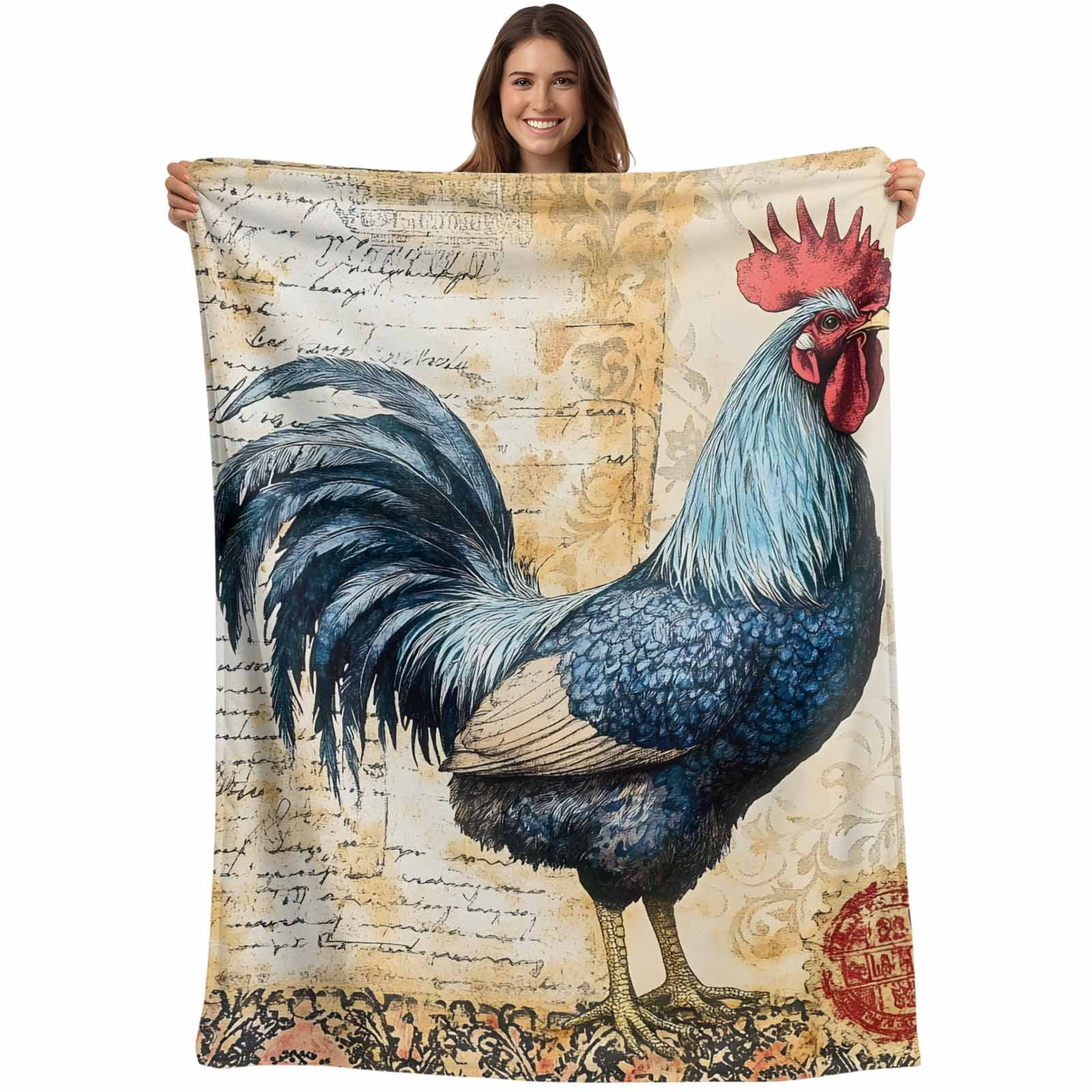 Blue Retro Rooster Blanket Soft Cozy Warm Throw Blanket for Couch ...