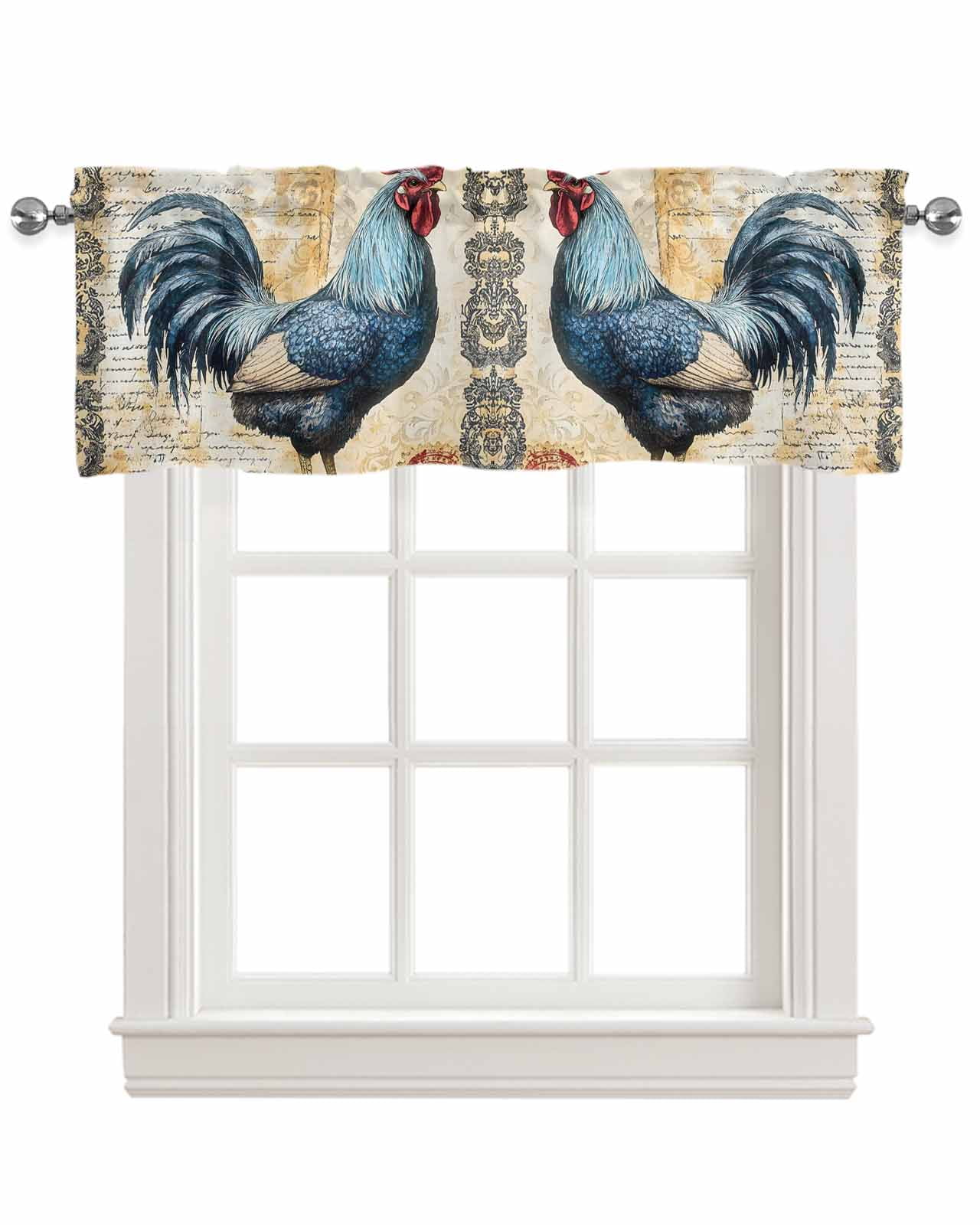 Blue Retro Rooster Kitchen Valances for Windows Farmhouse Linen Window ...