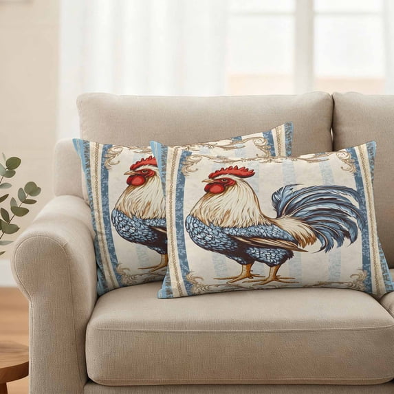 Blue Retro Rooster Outdoor Pillow Covers 20"x12" Set of 2 Waterproof ...