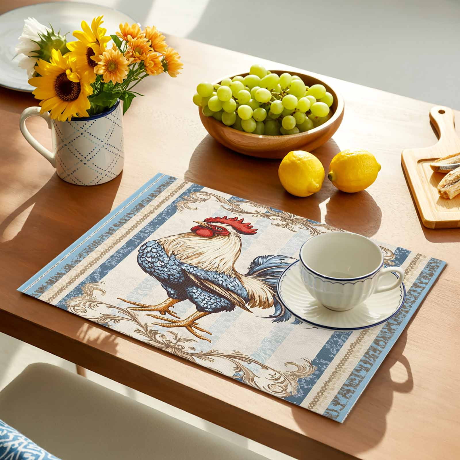 Blue Retro Rooster Placemats Set of 2, Farmhouse Chicken Vintage Rustic ...