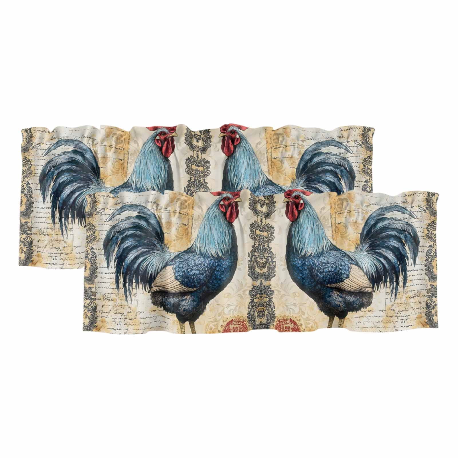Blue Retro Rooster Valances for Windows, Decorative Rod Pocket Window ...