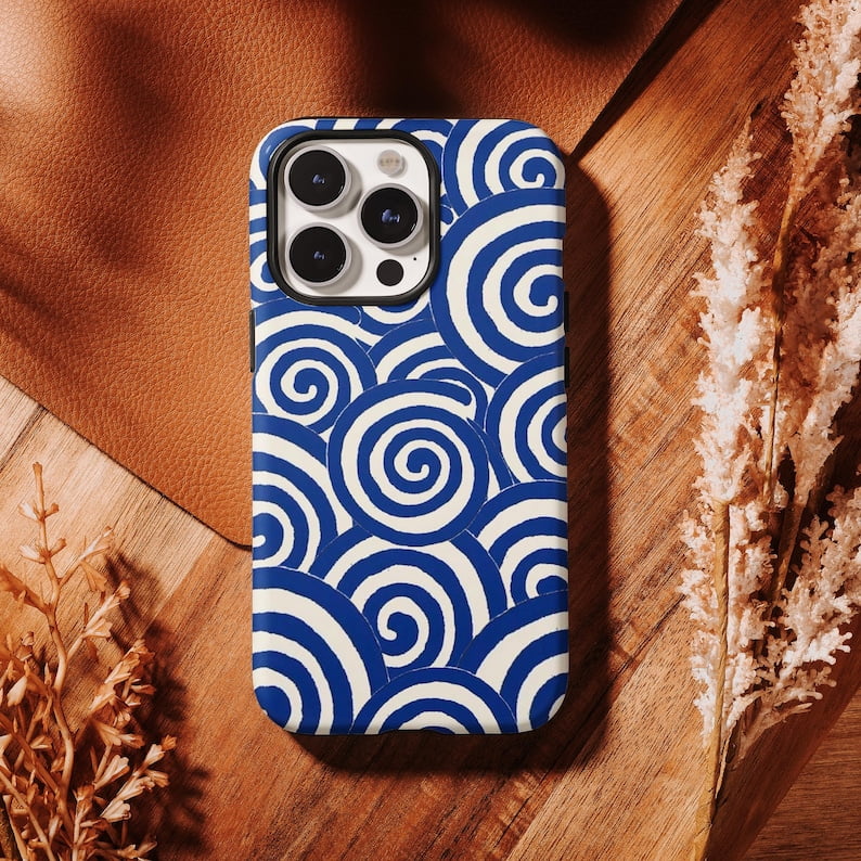 Blue Retro Spiral Swirl Hippie Phone Case, Groovy Funky Art Style ...