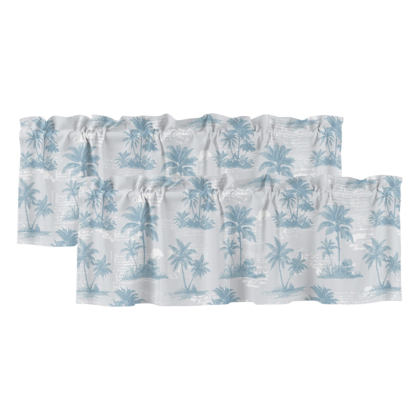 Blue Retro Tropical 2 Panels Kitchen Valance, Palm Trees Old Newspapers ...
