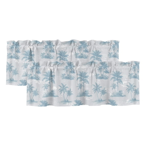 Blue Retro Tropical 2 Panels Kitchen Valance, Palm Trees Old Newspapers ...