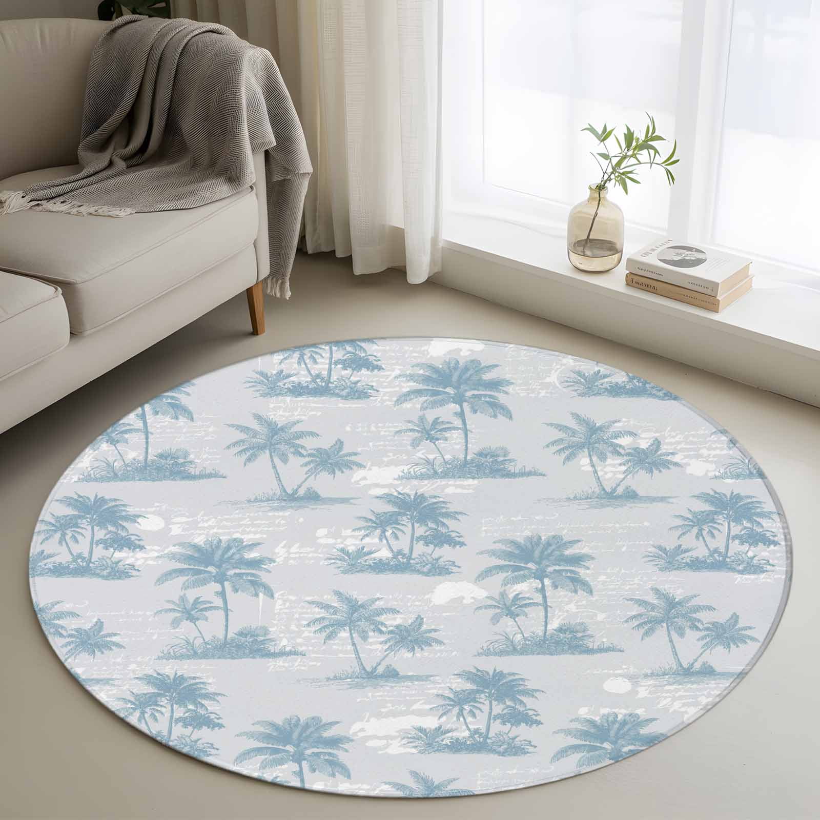 Blue Retro Tropical 3FT Round Area Rugs Palm Trees Old Newspapers ...