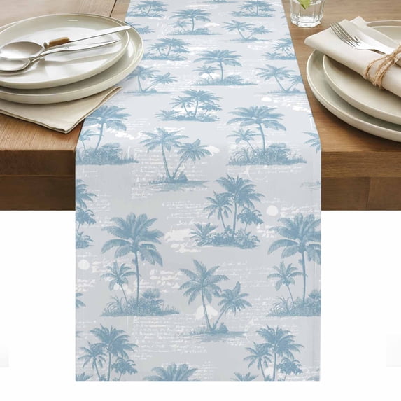 Blue Retro Tropical Cotton Linen Table Runner Palm Trees Old Newspapers ...