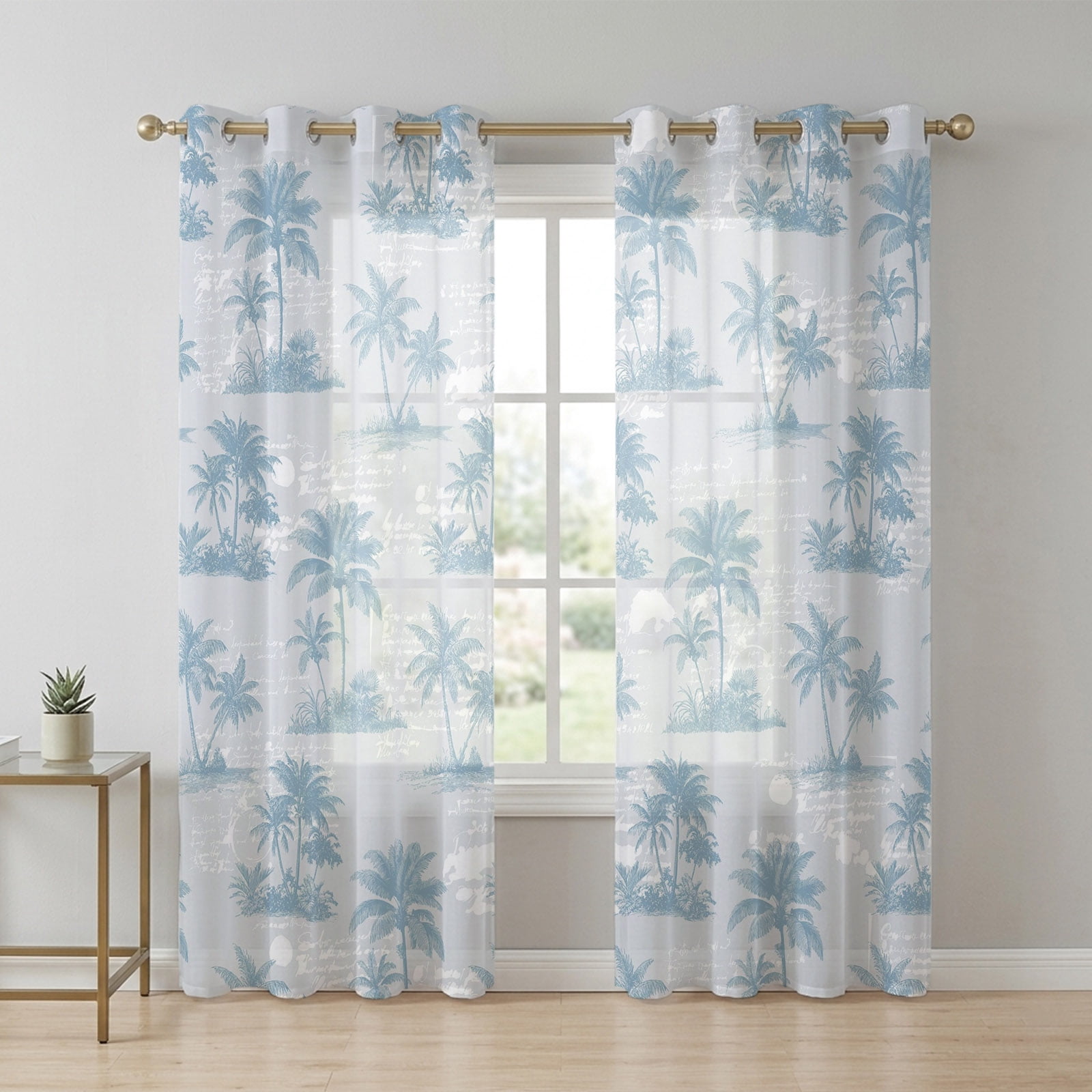 Blue Retro Tropical Sheer Curtains 63 Inch Long 2 Panels, Palm Trees ...
