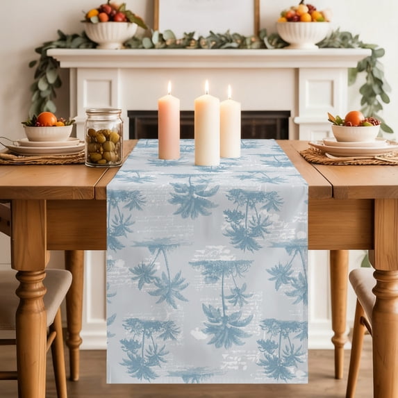Blue Retro Tropical Table Runner, Palm Trees Old Newspapers Summer ...