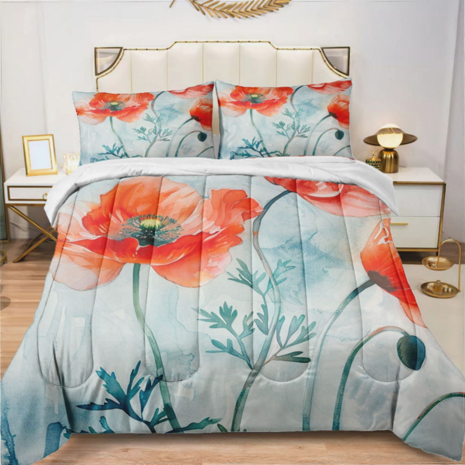 Blue Retro Watercolor Poppy Flower (3) Comforter Set Bedding Set Duvet ...