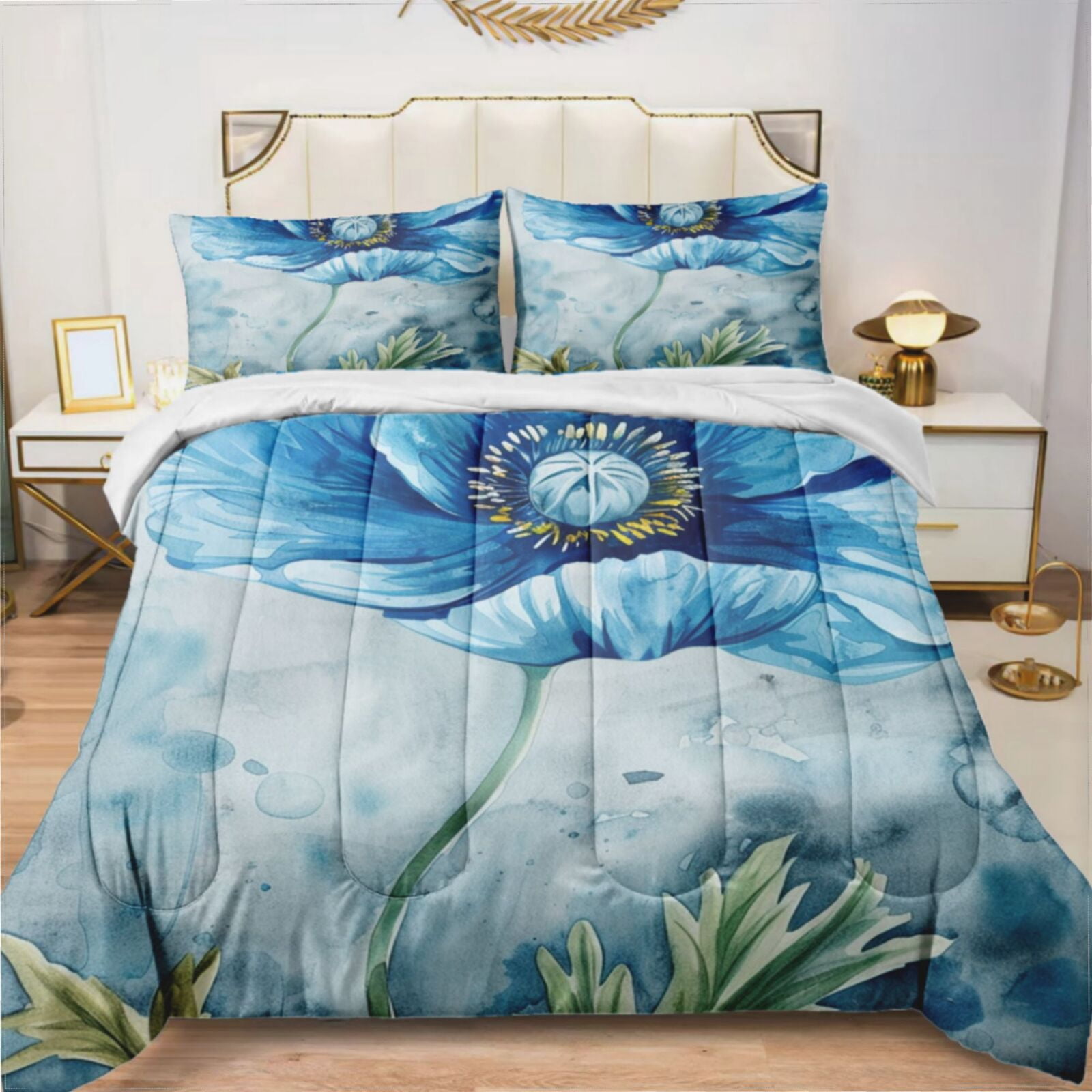 Blue Retro Watercolor Poppy Flower (7) Comforter Set Bedding Set Duvet ...