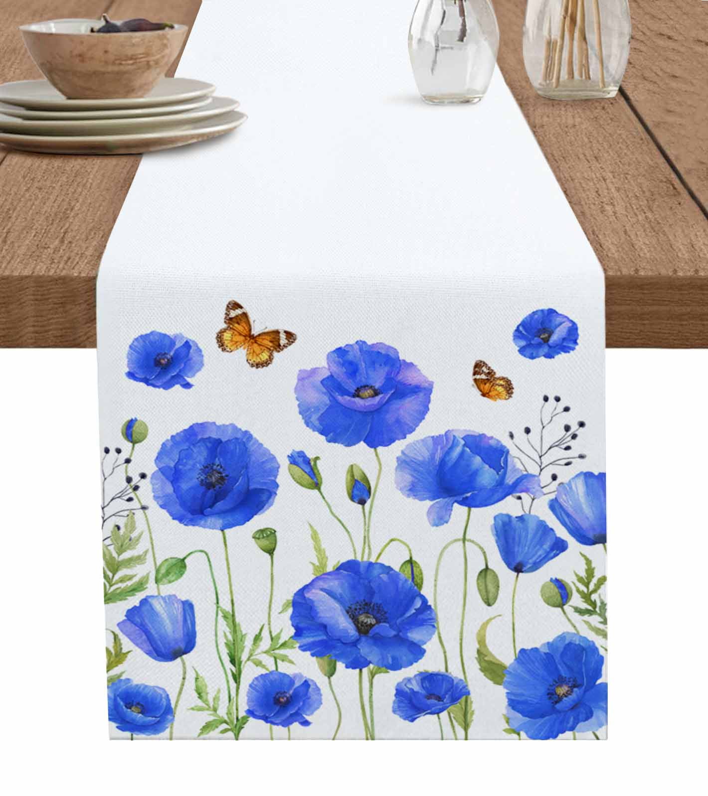 Blue Retro Watercolor Poppy Flower Table Runner ration Home r Dinner ...