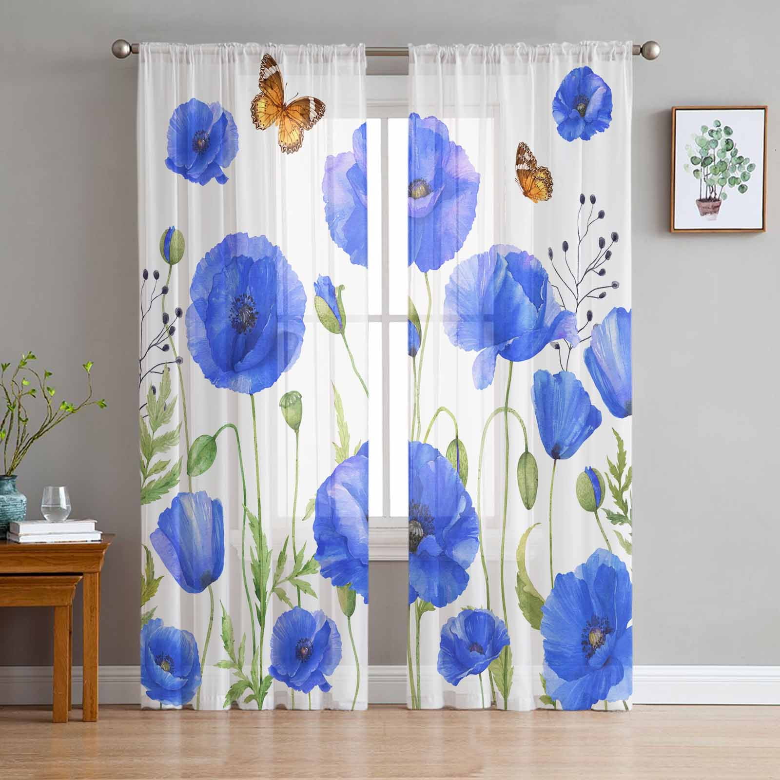 Blue Retro Watercolor Poppy Flower Tulle Window Curtains for Bedroom ...