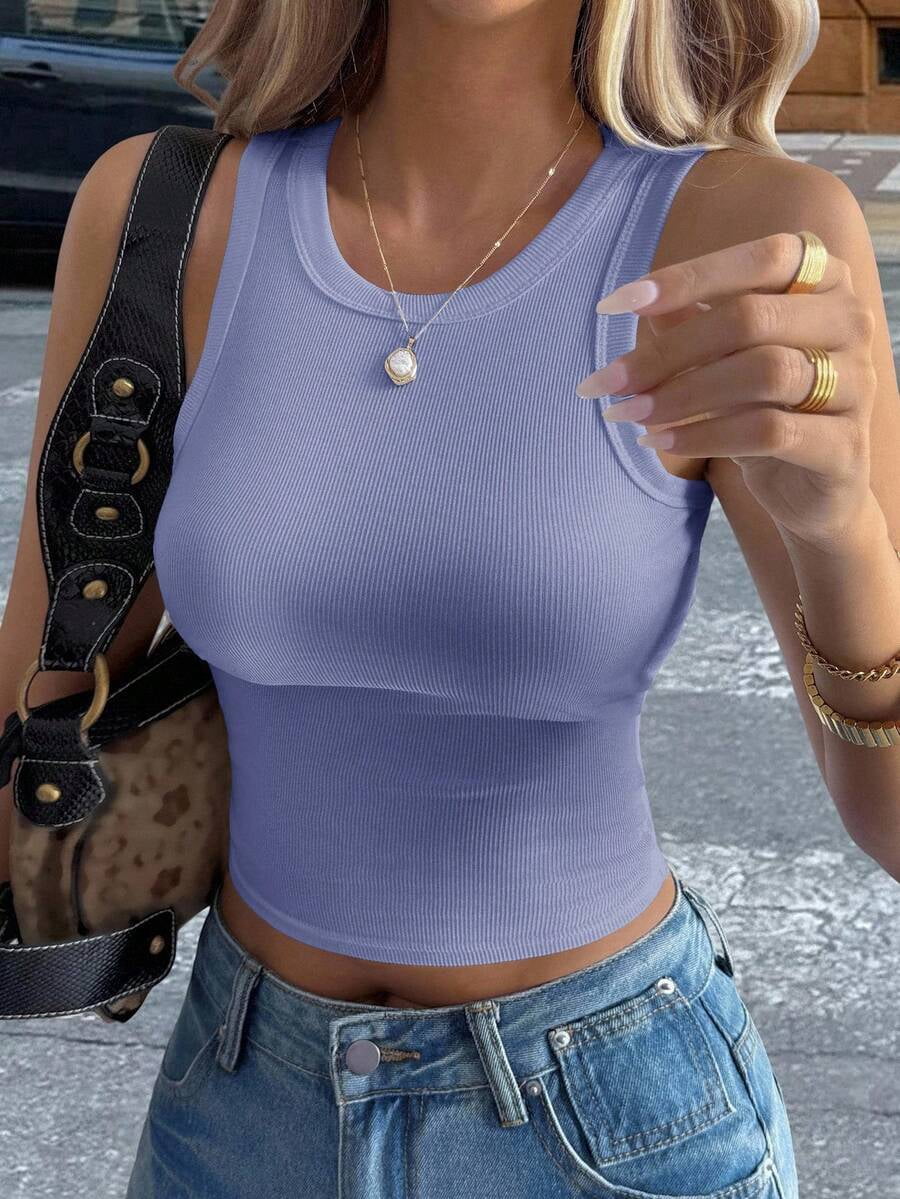 Blue Ribbed Fitted Crop Tank Top For Women, Minimalist Casual Daily ...